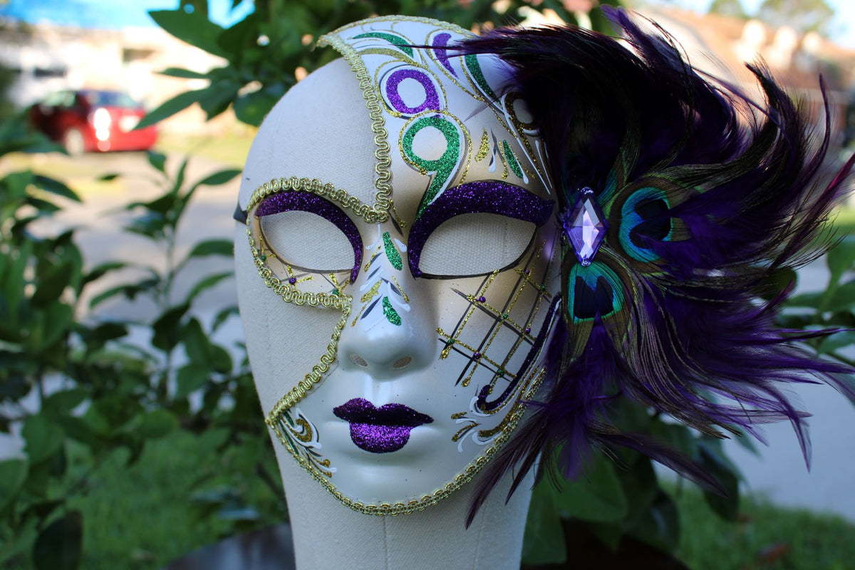 Venetian Style (Half) Mask w/ Peacock Feathers – Bayou Gumbo Souvenir